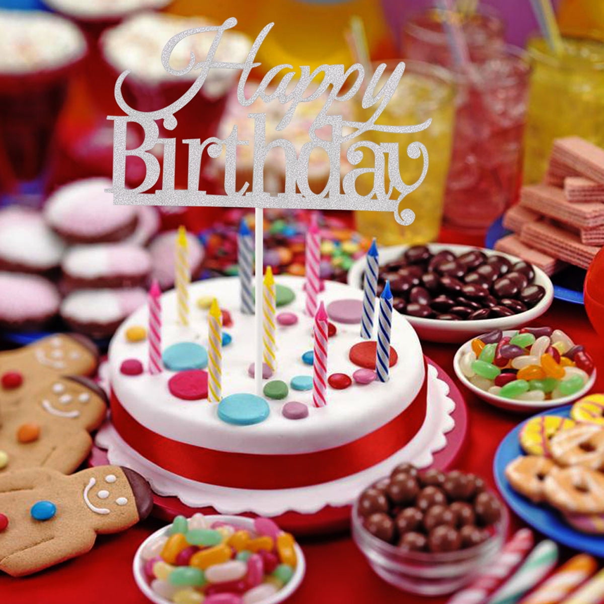WHAMVOX Silver Happy Birthday Cake Topper for Decoration Easy to Use ...