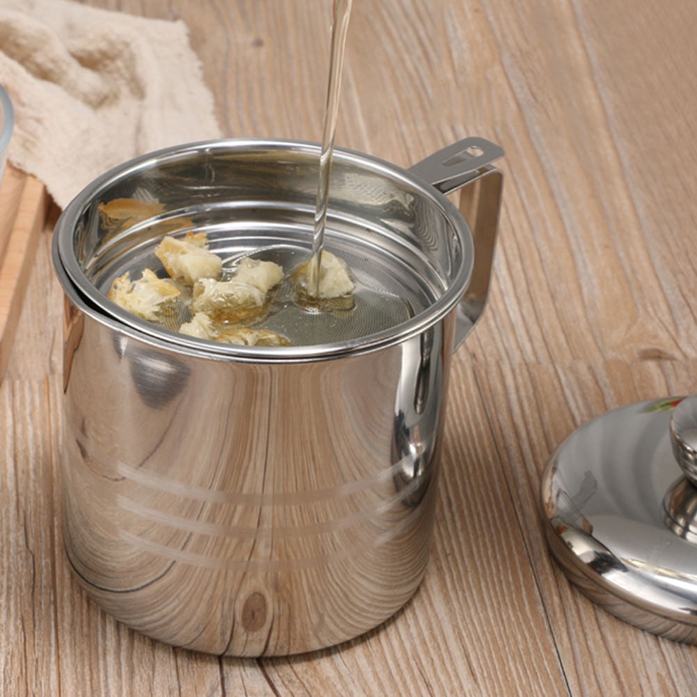 WHAMVOX Silver Stainless Steel Oil Strainer Pot with Lid for Safe Oil Filtering Perfect for Home ...