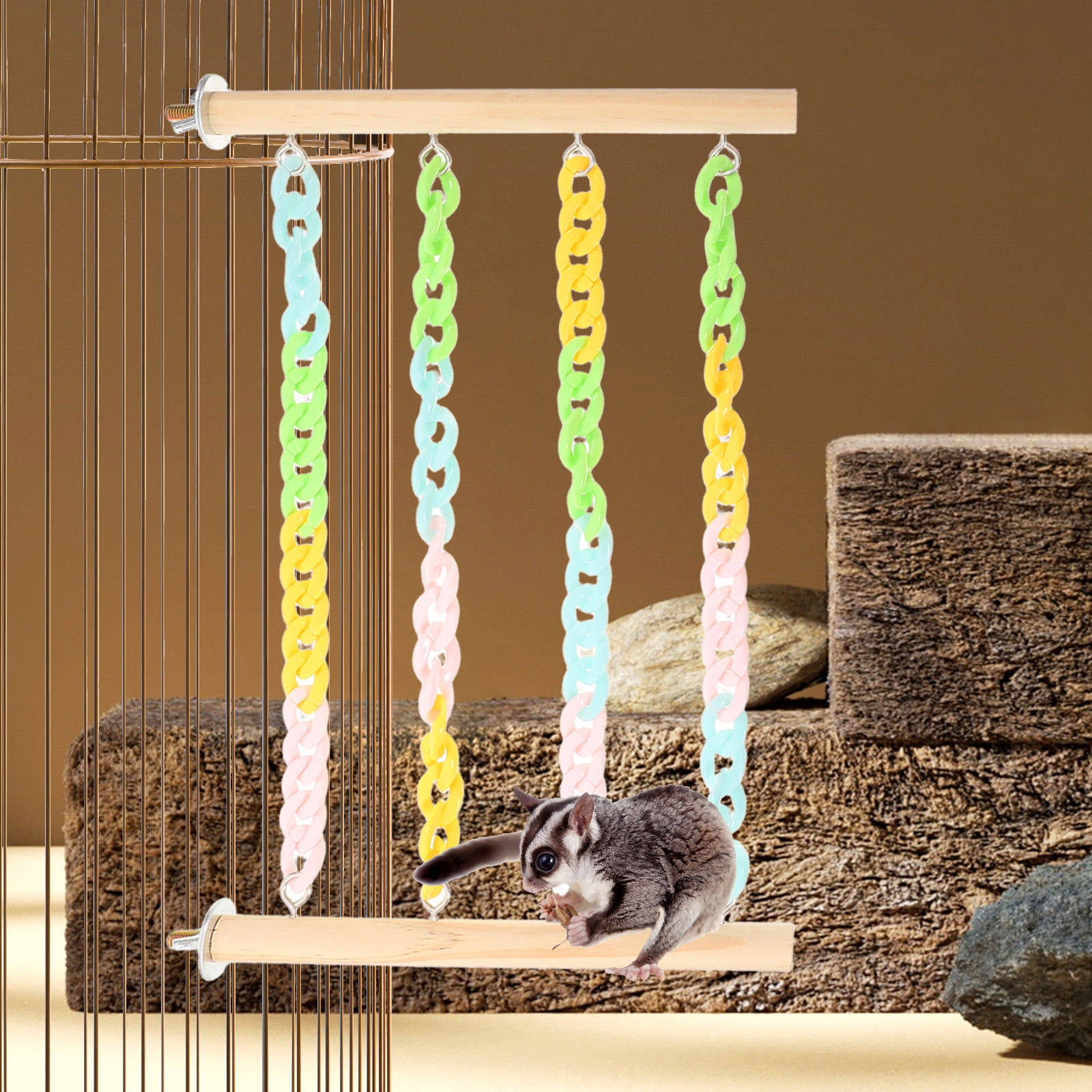 WHAMVOX Sugar Glider Cage Climbing Chain and Swing Wooden Frame Swing ...