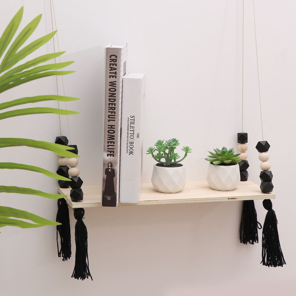 WHAMVOX Wooden Hanging Shelf with Black Beads for Wall Storage Rack ...