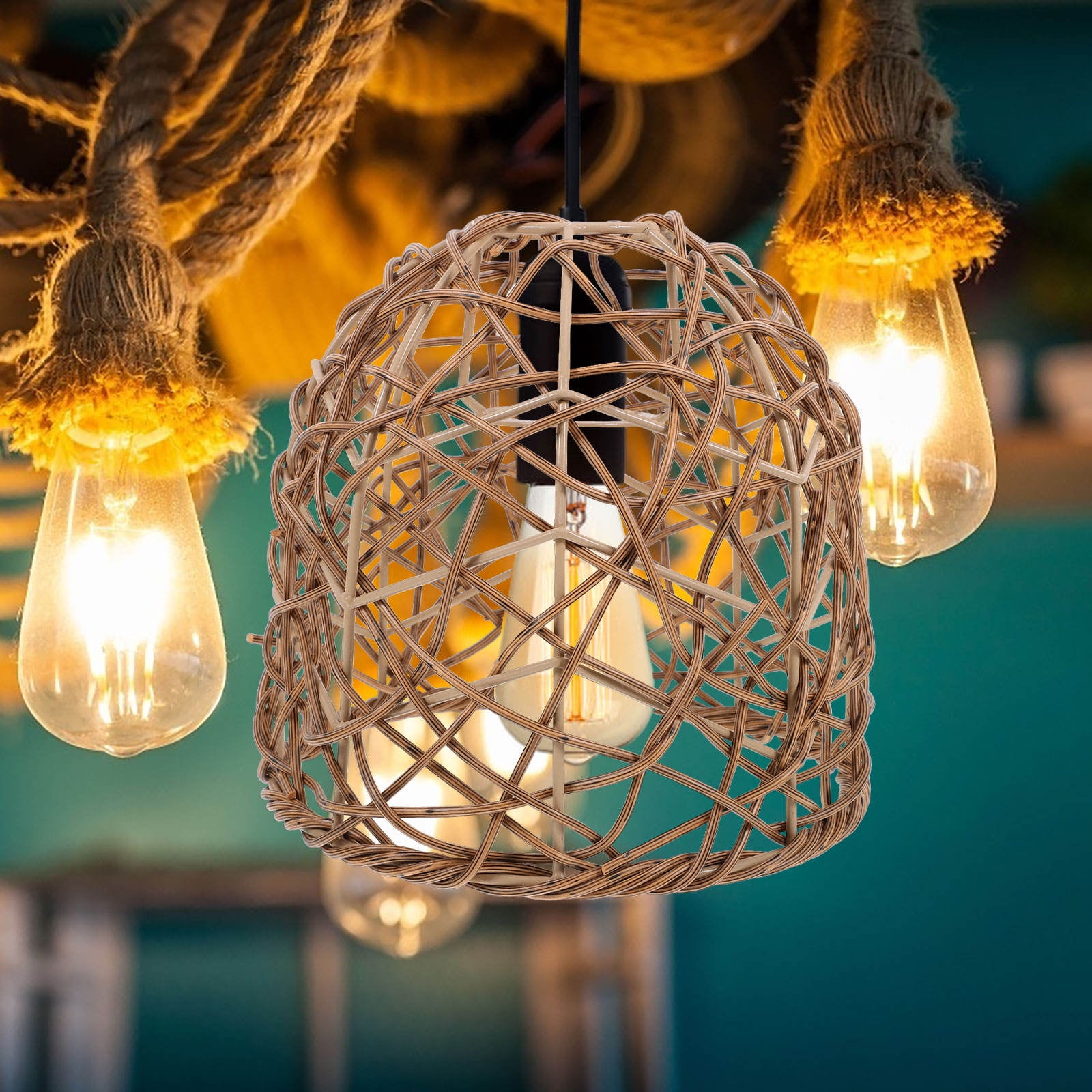 WHAMVOX Woven Rattan Lamp Shade Replacement E27 Rustic Light Rustic ...