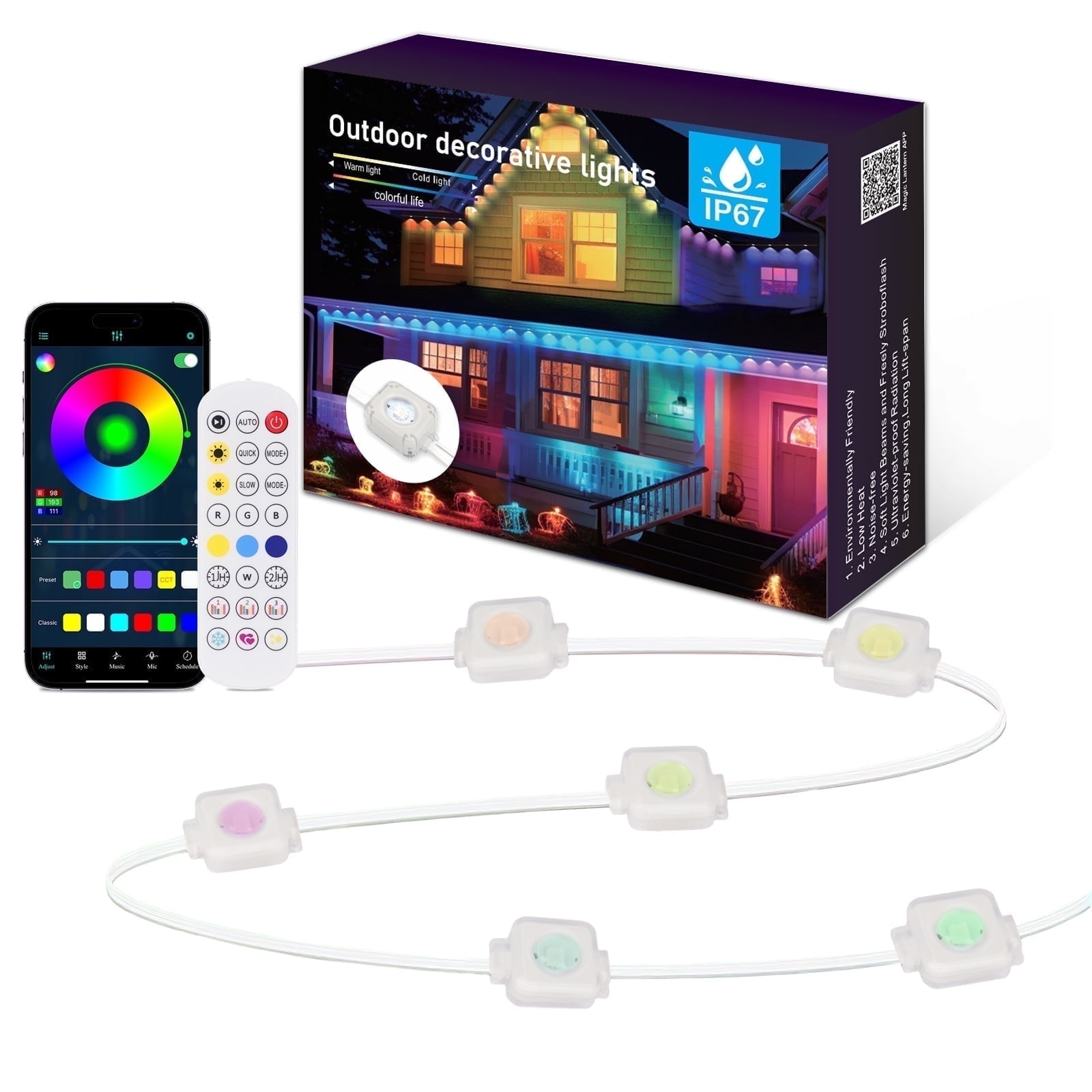 WHATOOK Outdoor LED Light Strip, 50ft with 30LED Smart Outdoor Lights ...