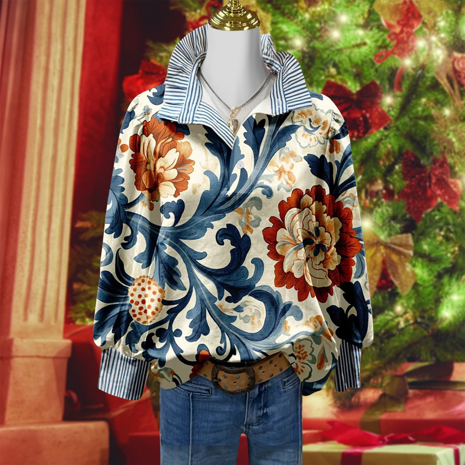 WHEANG Long Sleeve Shirts For Women Stand Collar Long Sleeve Button ...