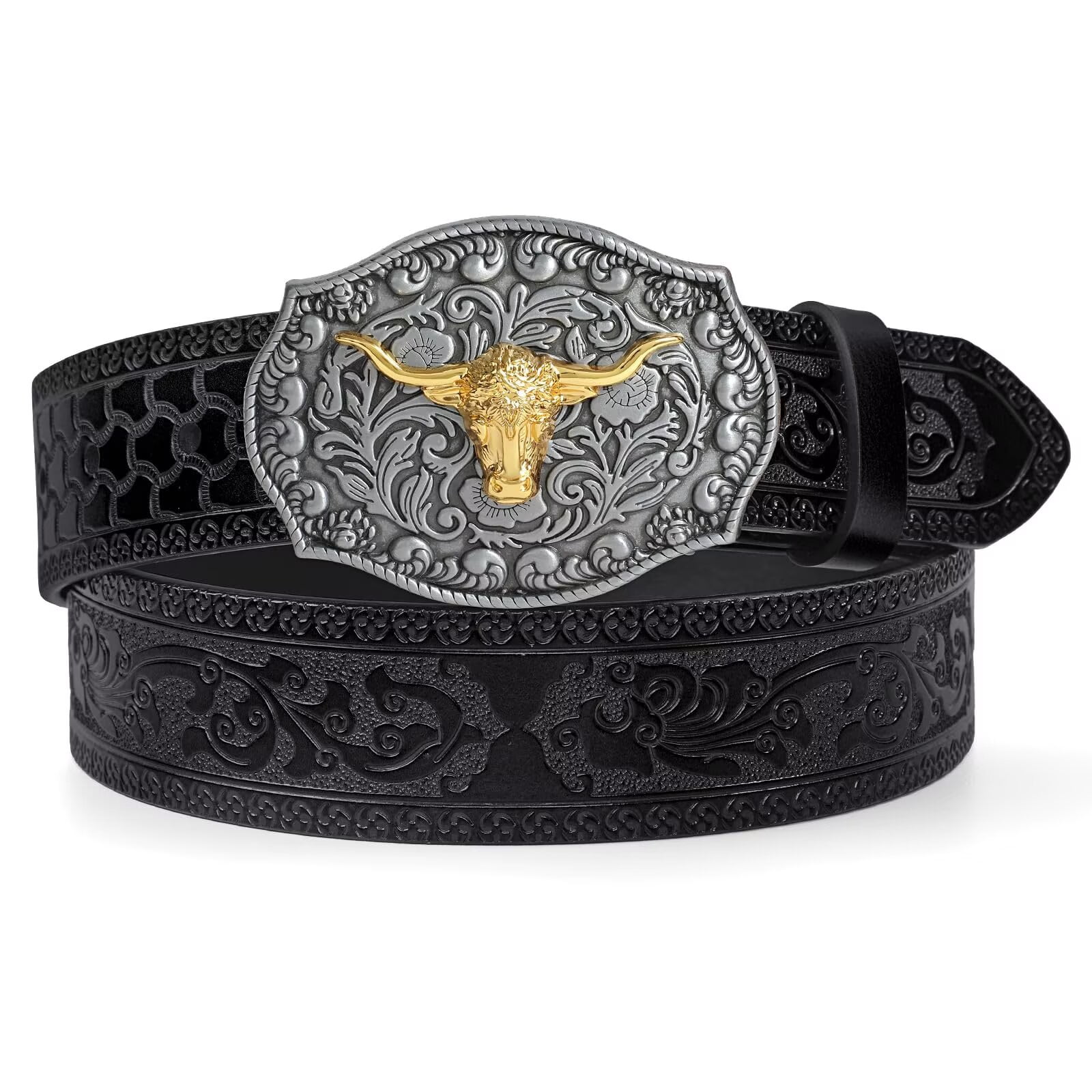 Whippy Genuine Leather Western Belt, Embossed, Gold Longhorn Buckle, 1. ...