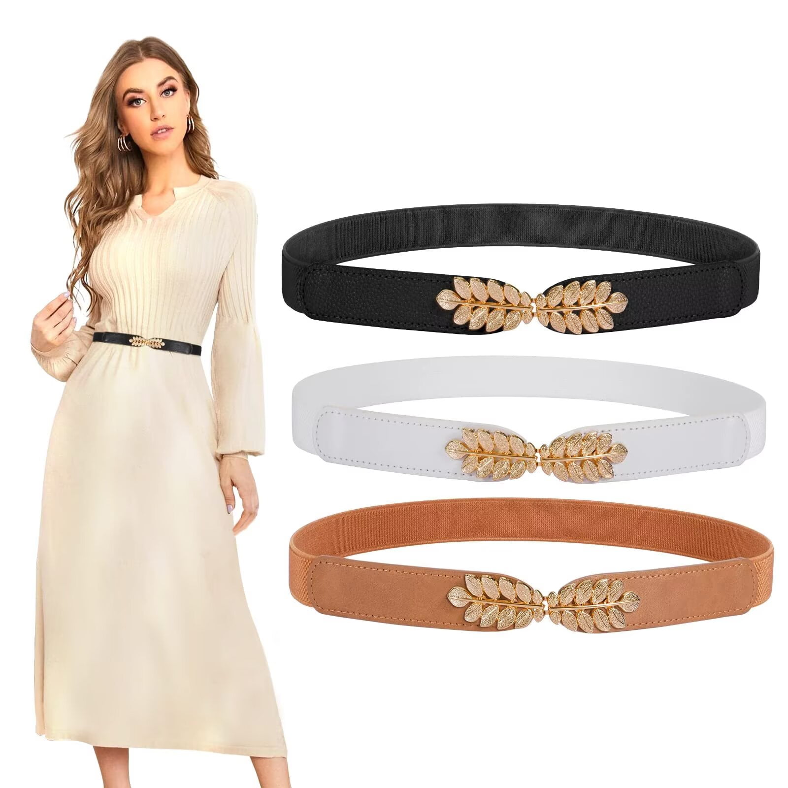 WHIPPY Women Elastic Skinny Belts with Gold Buckle Stretch Ladies Belts ...