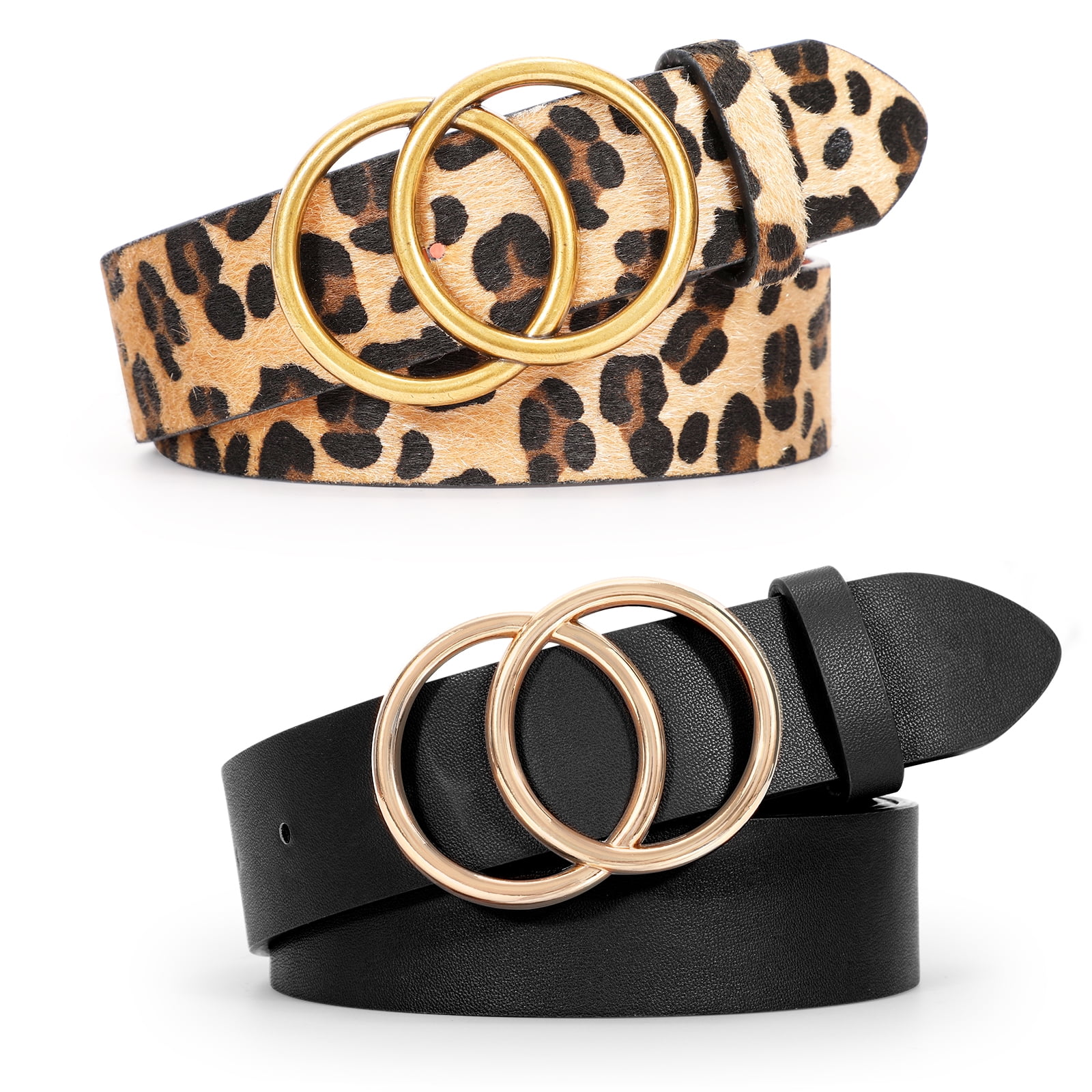 WHIPPY Women Leather Belt with Double Ring Buckle, Leopard Belt for ...