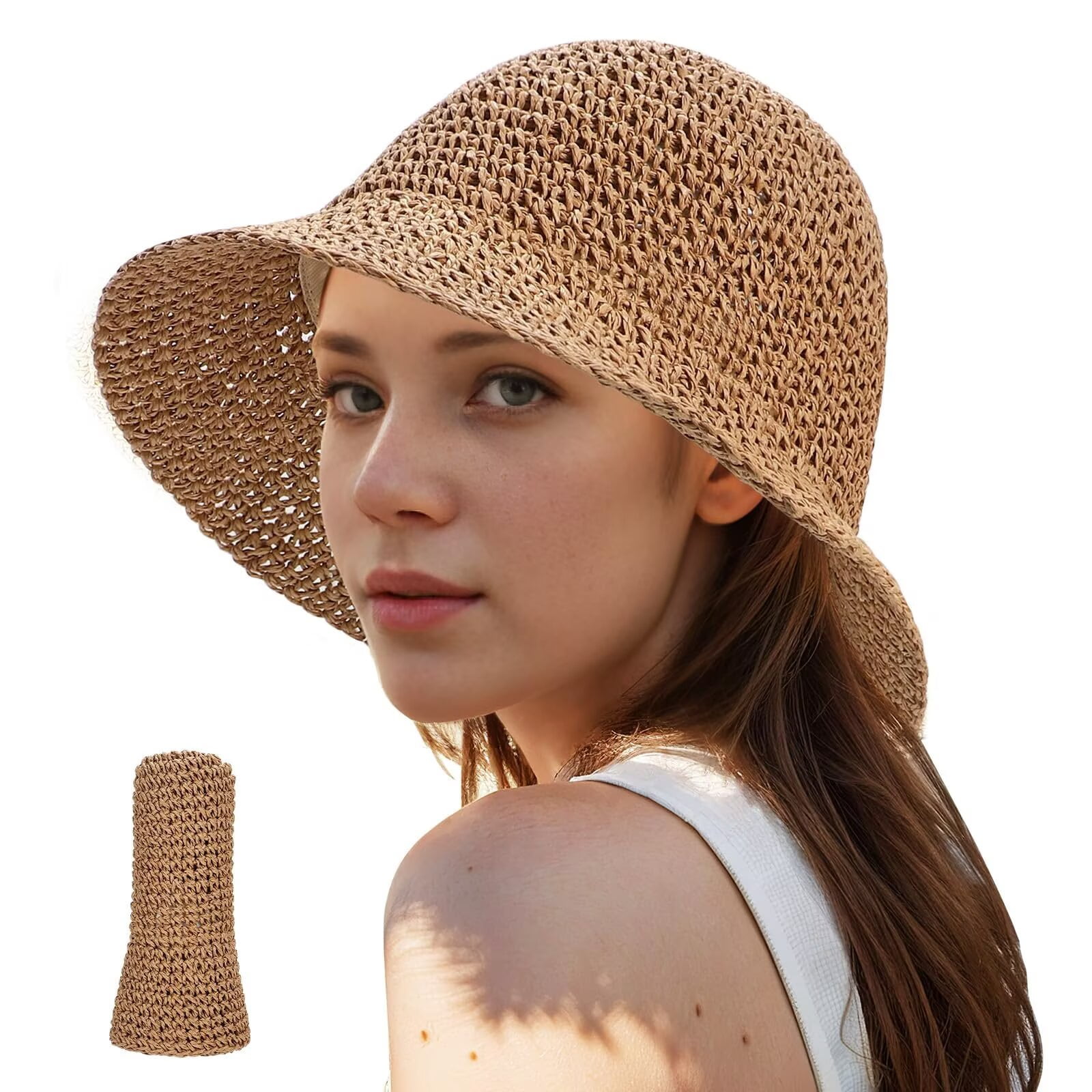 WHIPPY Womens Sun Straw Hat Wide Brim Summer Hat Foldable Floppy Beach ...