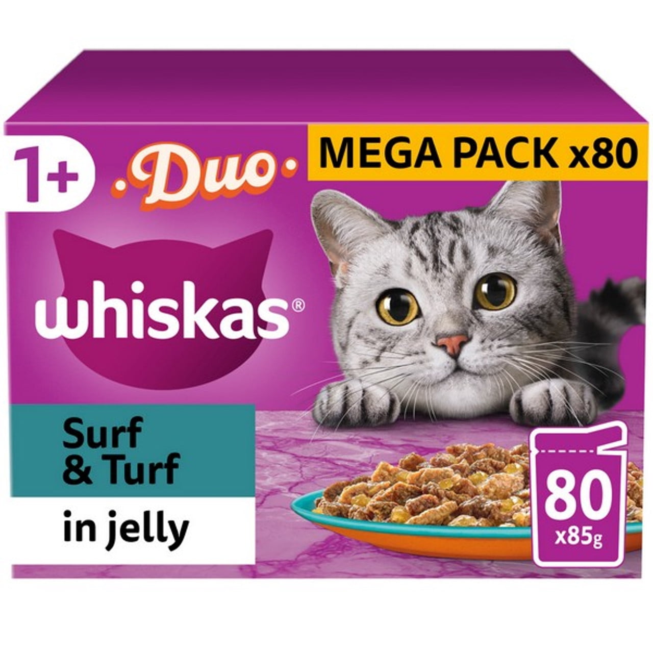 WHISKAS 1+ Cat Pouches Duo Surf & Turf in Jelly Cat Food 80x85g ...