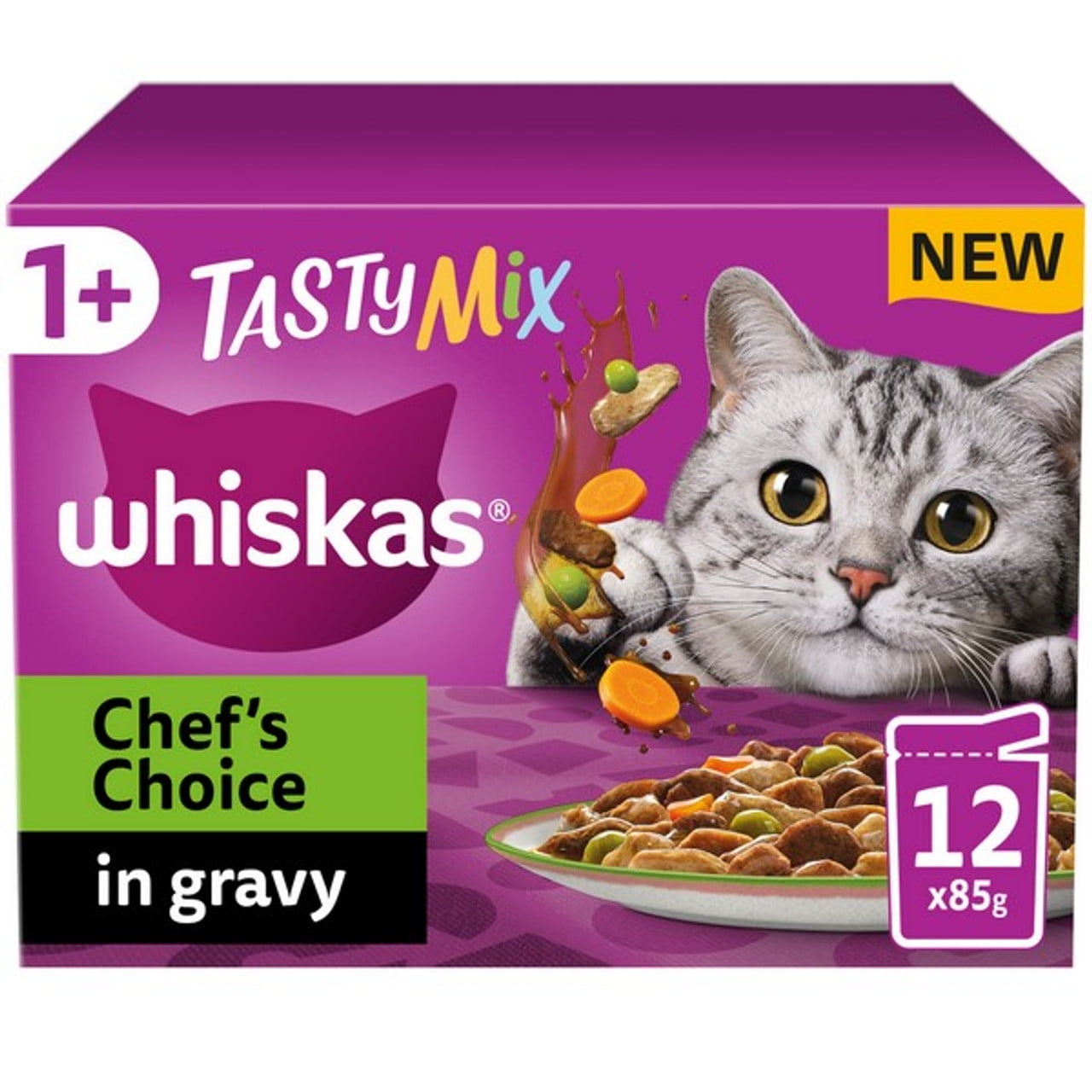 WHISKAS 1+ Cat Pouches Tasty Mix Chefs Choice in Gravy Cat Food 12x85g ...
