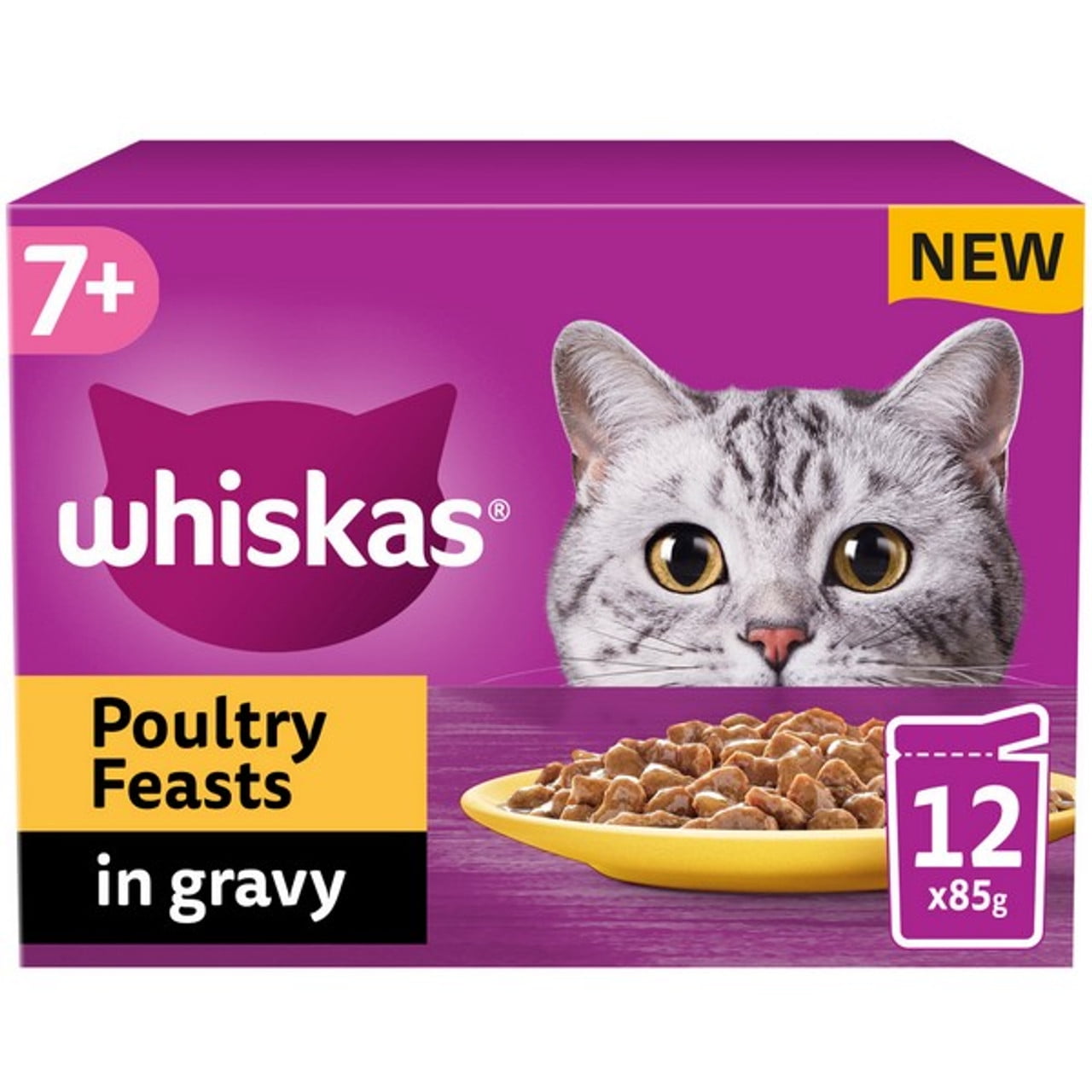 WHISKAS 7+ Cat Pouches Poultry Feasts in Gravy Cat Food 12x85g ...