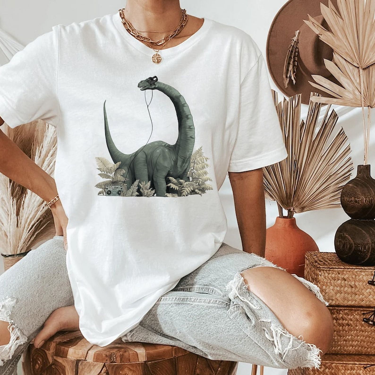 [WHITE] Brachiosaurus Dinosaur Shirt, Brachiosaurus With Headphone ...
