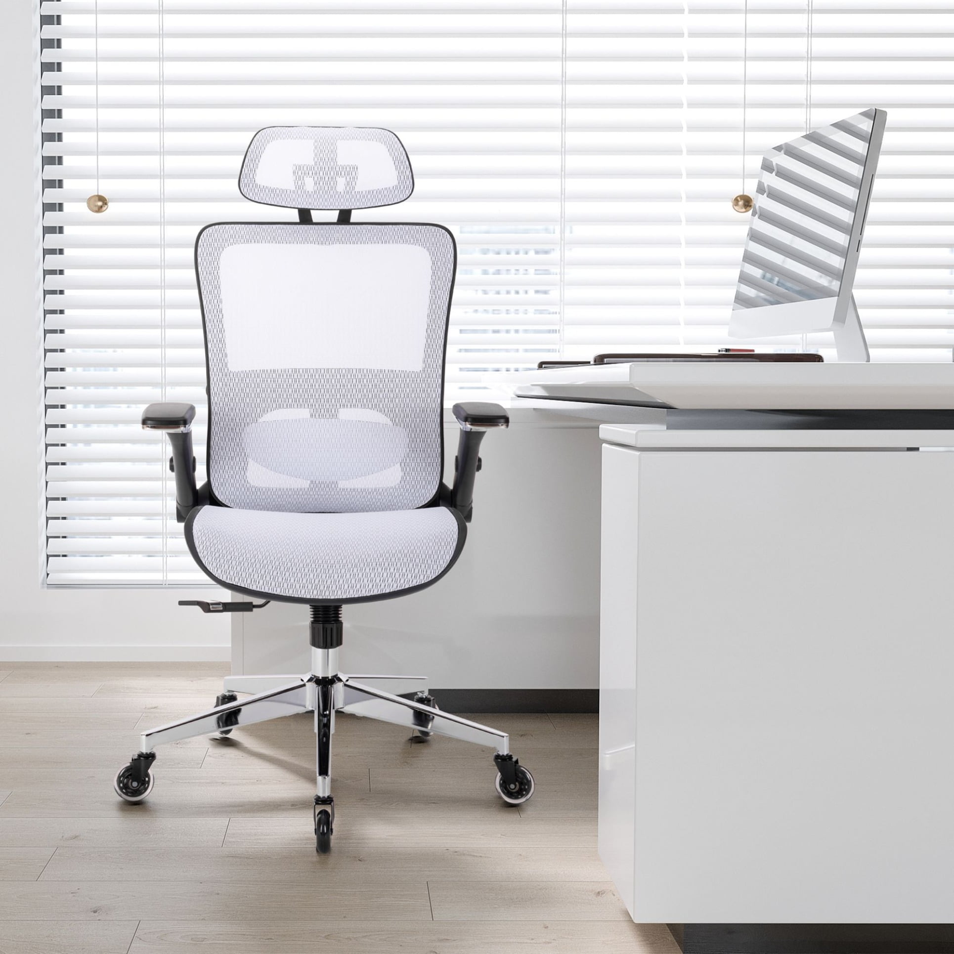 WHITE Ergonomic Mesh Office Chair with High Back, Adjustable Headrest ...