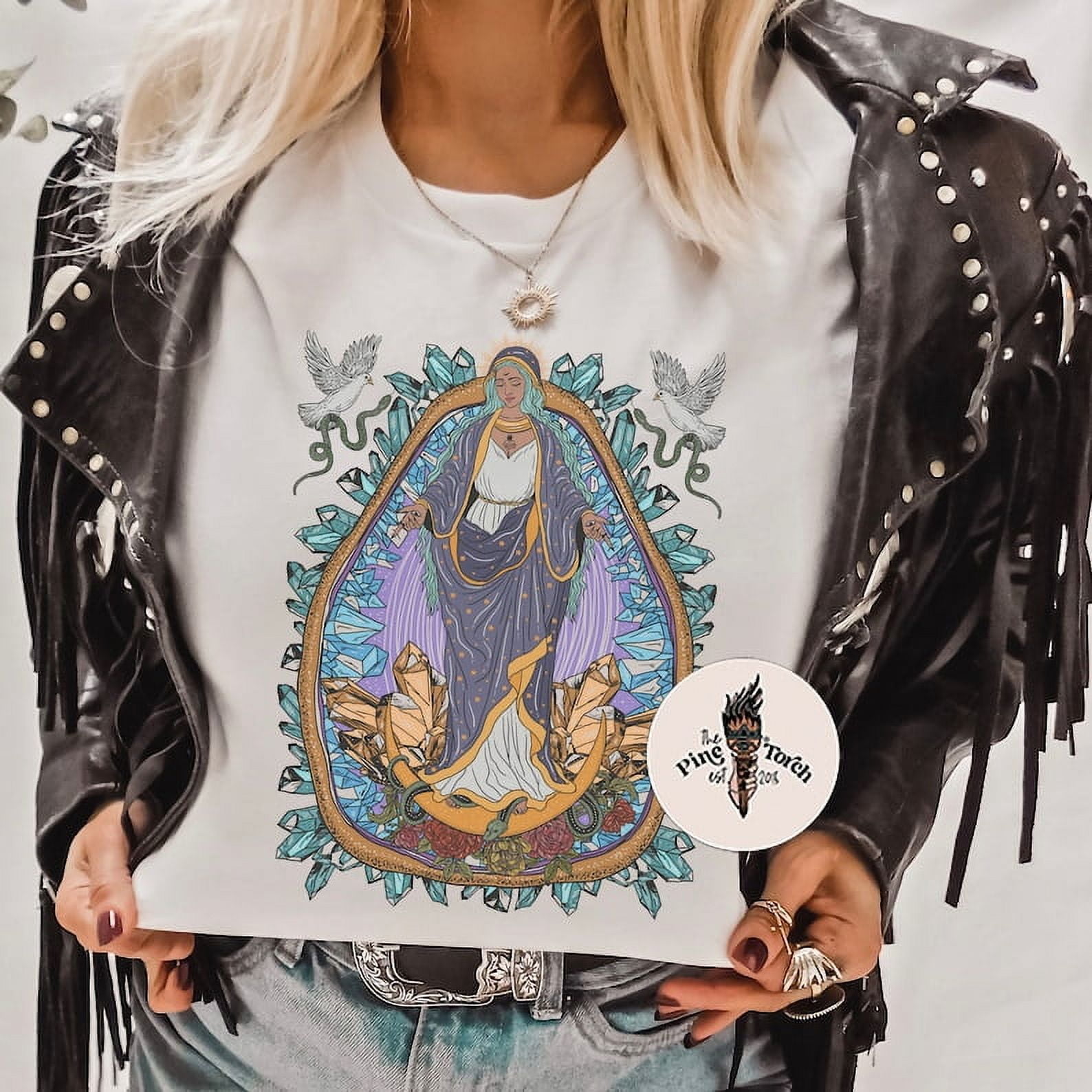 [WHITE] Virgin Mary Lady of guadalupe Shirt, Virgin Mary crystals snake ...