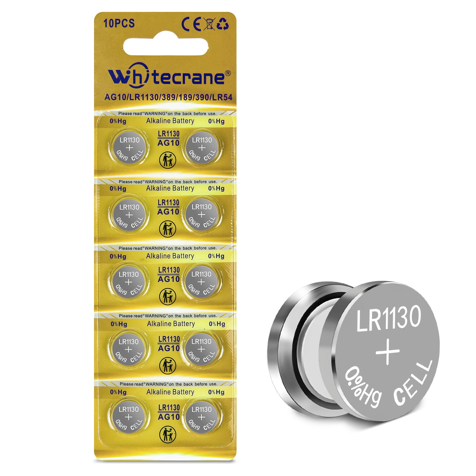 WHITECRANE 10 Pack LR1130 AG10 AG189 Battery 1.5V Alkaline Button Cell ...