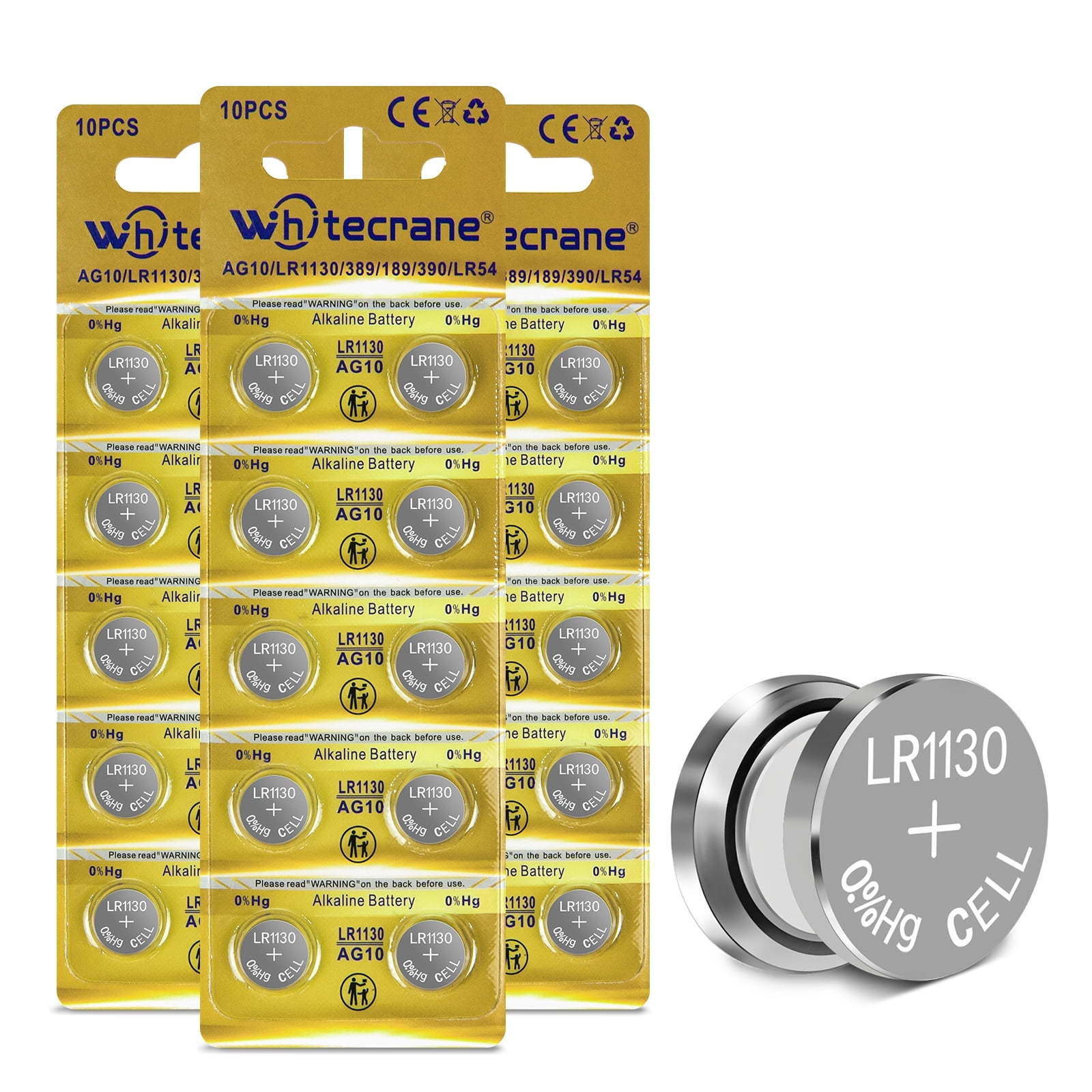 WHITECRANE 30 Pack LR1130 AG10 AG189 Battery 1.5V Alkaline Button Cell ...