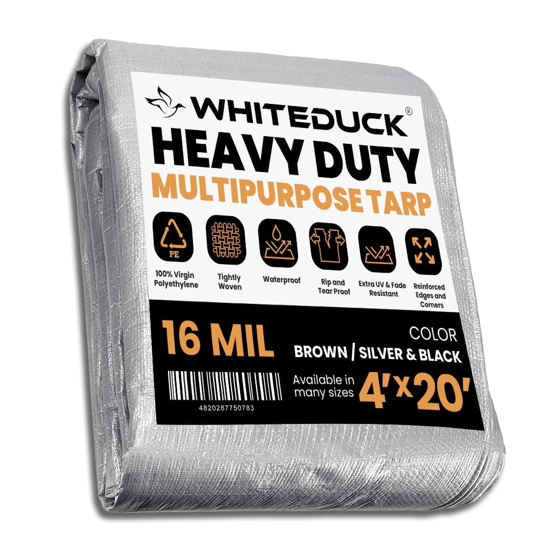 White Duck Outdoors 4' x 20' Silver and Black Poly Tarp – Heavy Duty 16 ...
