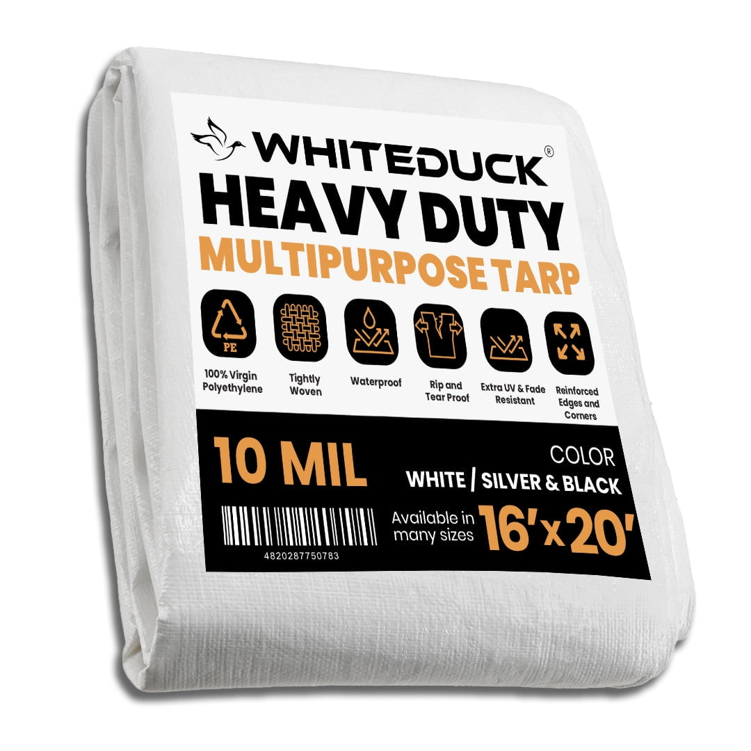 WHITEDUCK Heavy Duty Poly Tarp 10 Mil - White -16'x20' - Waterproof, UV ...