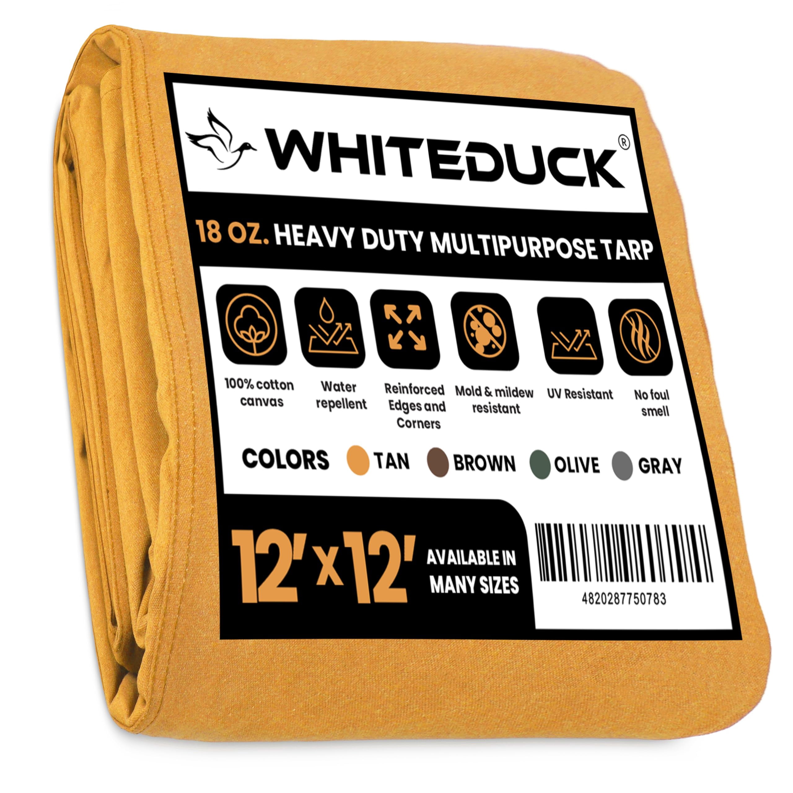 WHITEDUCK Weatherproof 12'x12' Canvas Tarp, Heavy Duty 18 oz, Rustproof ...