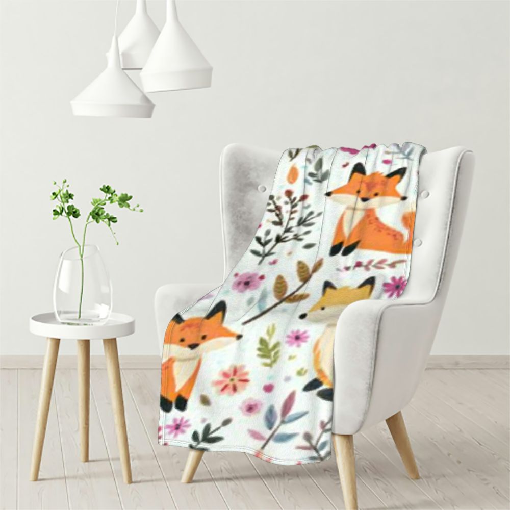 WHKANG Cute Cartoon Fox and Birds Blanket Colourful Flowers and Trees ...