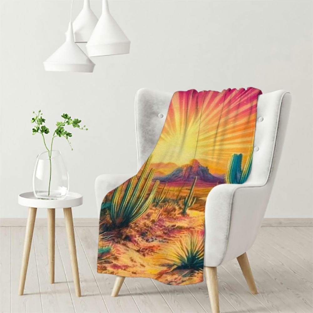 WHKANG Desert Sunset Throw Blanket Cactus Throw Blanket for Sofa Couch Bed Desert Sunset Scenery ...