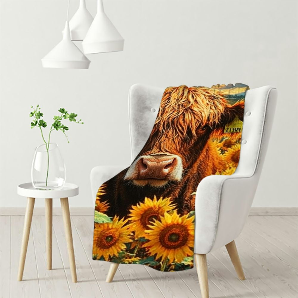 WHKANG Highland Cow Blanket, Yellow Sunflower Sunset Cattle Bull Farm ...