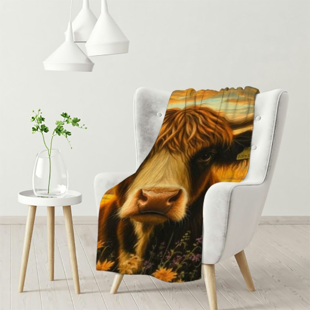WHKANG Sunset Serenity Highland Cow and Sunflowers Flannel Throw ...