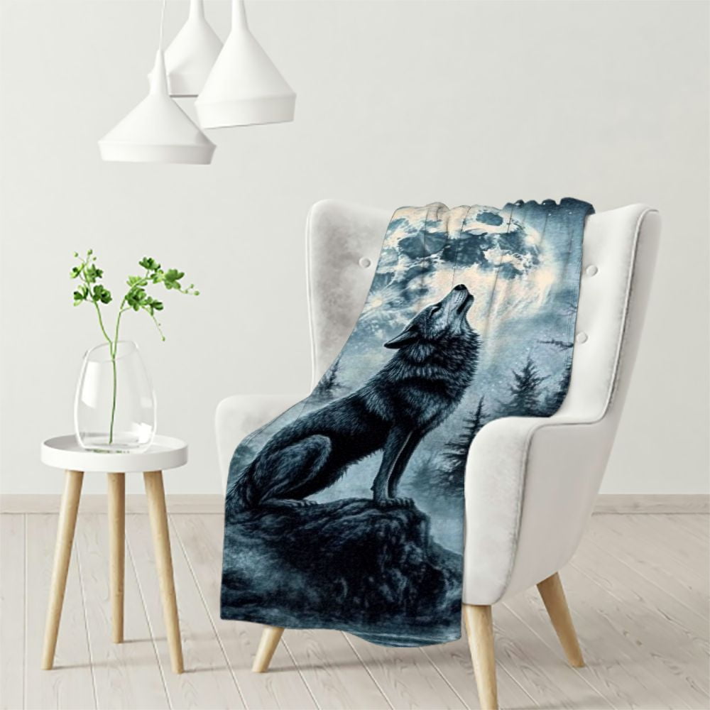 WHKANG Wolf Blanket Printed Howling Wolf Moon Blanket - Plush Thick ...
