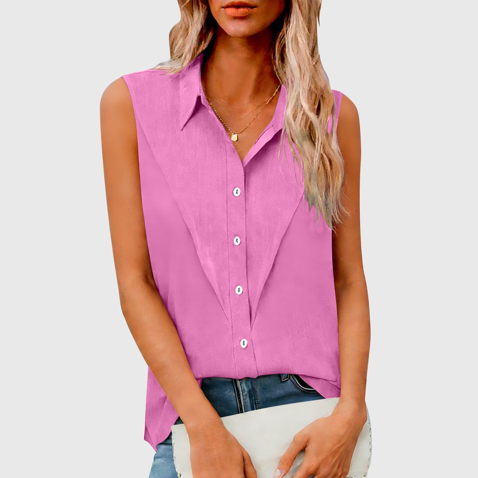 WHLBF Women's Tops Button-Down Collar Sleeveless Loose Button Tunic ...