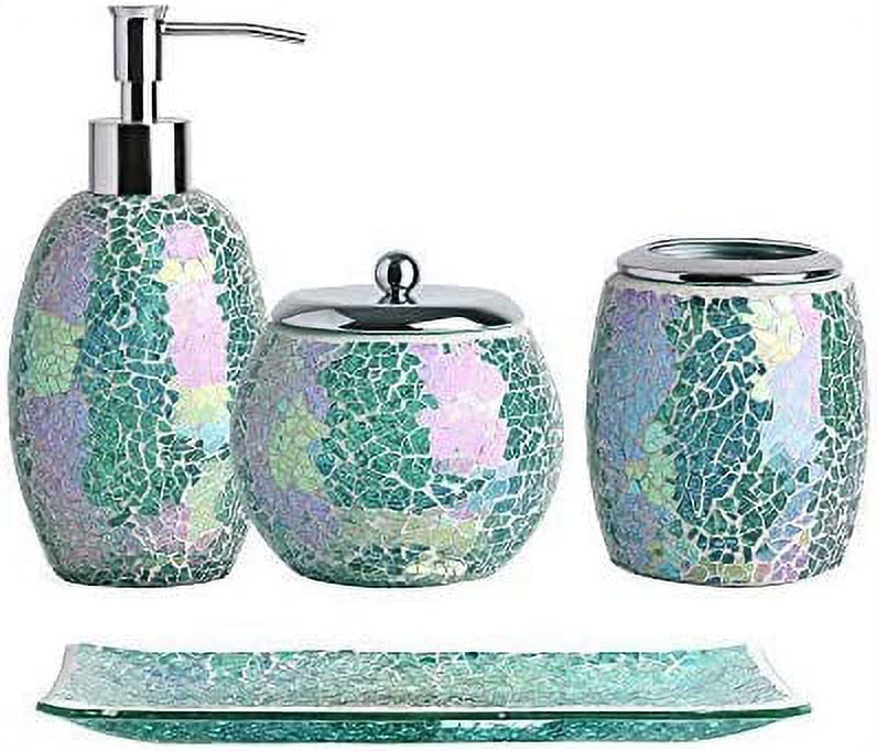 WHOLE HOUSEWARES 4-Piece Bathroom Set: Green Glass, Mermaid Design ...