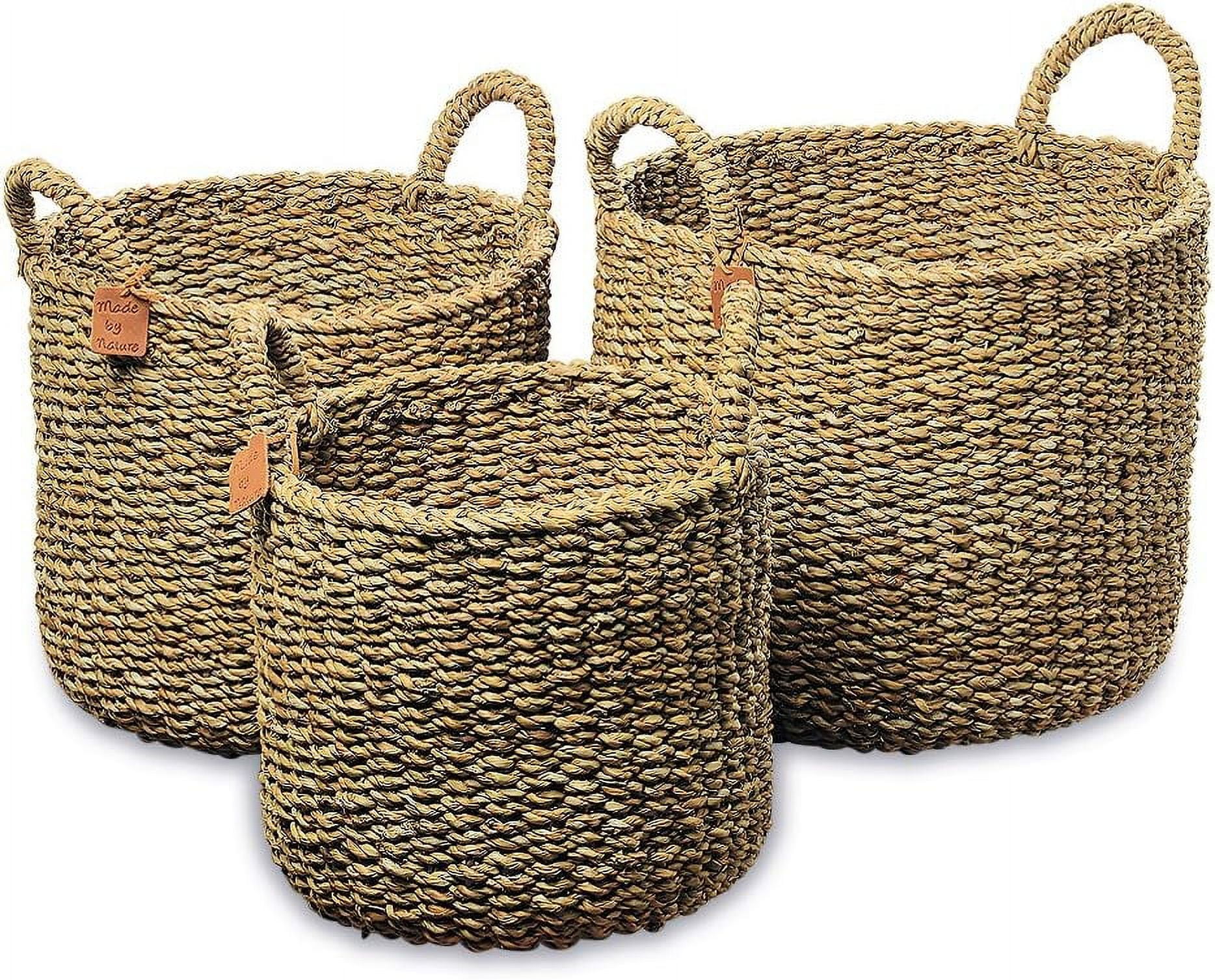 WHW Seagrass Baskets, Set of 3, Natural, Chunky Sweater Weave Wicker ...