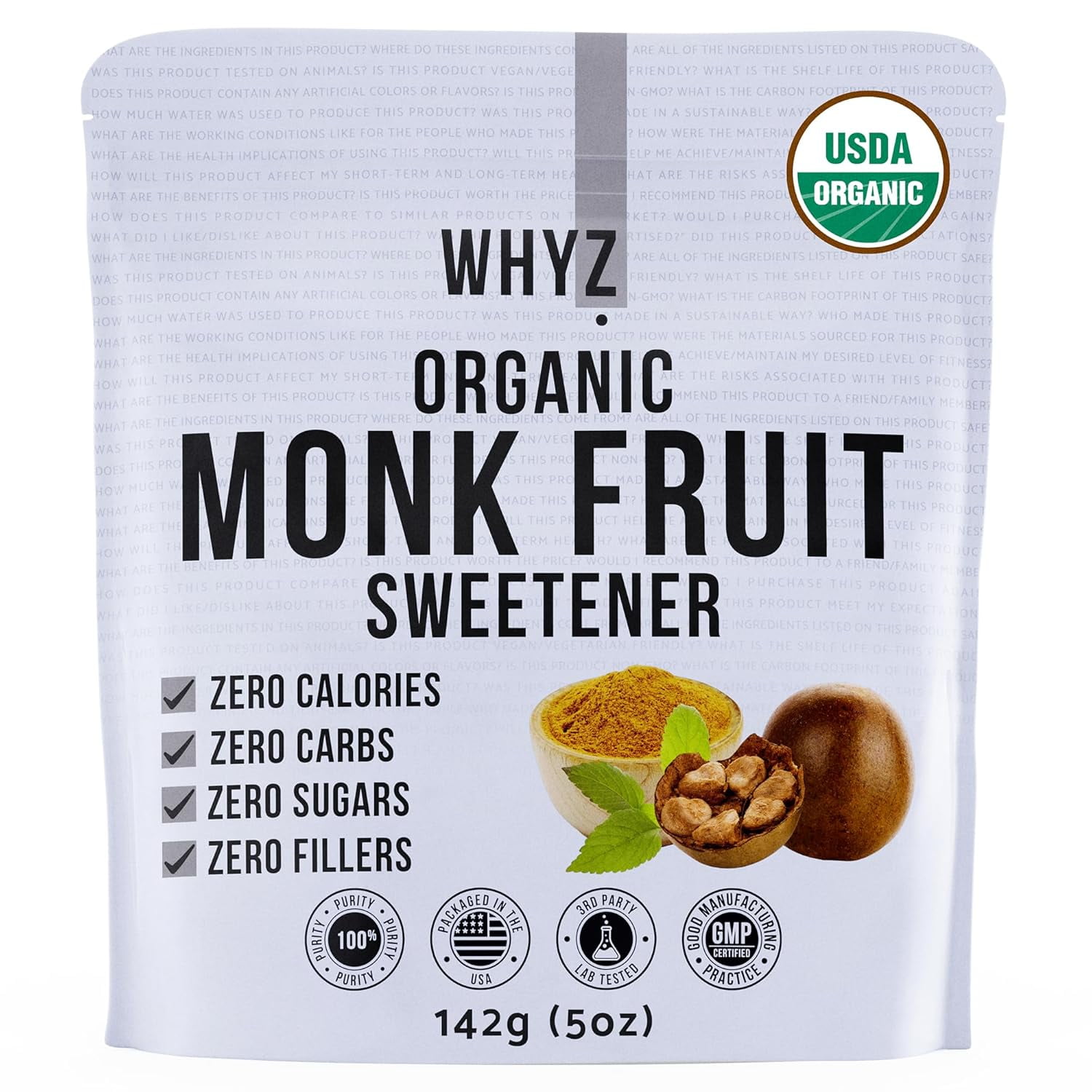 WHYZ Organic Monk Fruit Sweetener, 5oz, No Erythritol, Zero Sugar, Keto ...