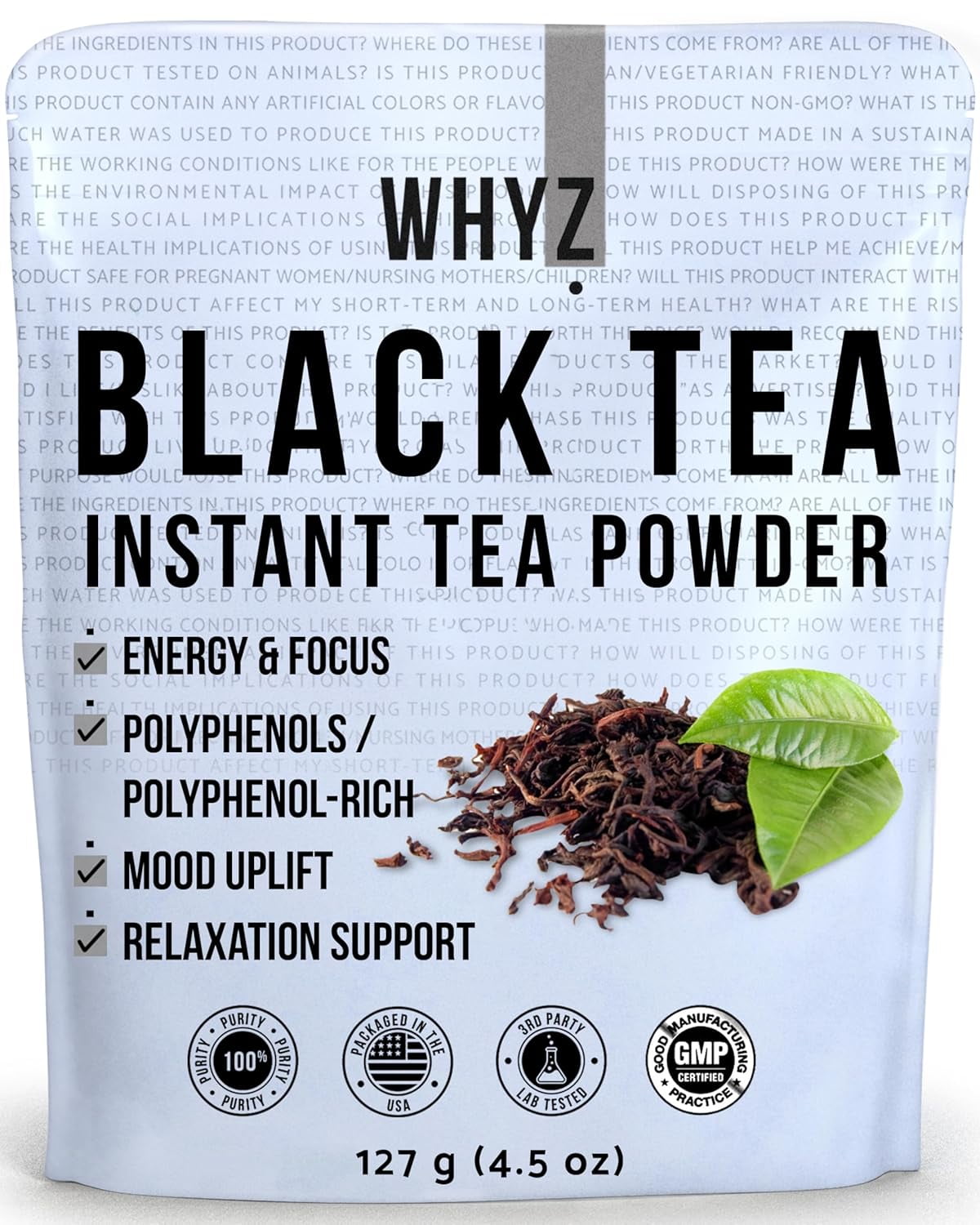 WHYZ Strong Black Tea Powder 4.5 oz, Zero Sugar Black Tea, Boost Energy ...
