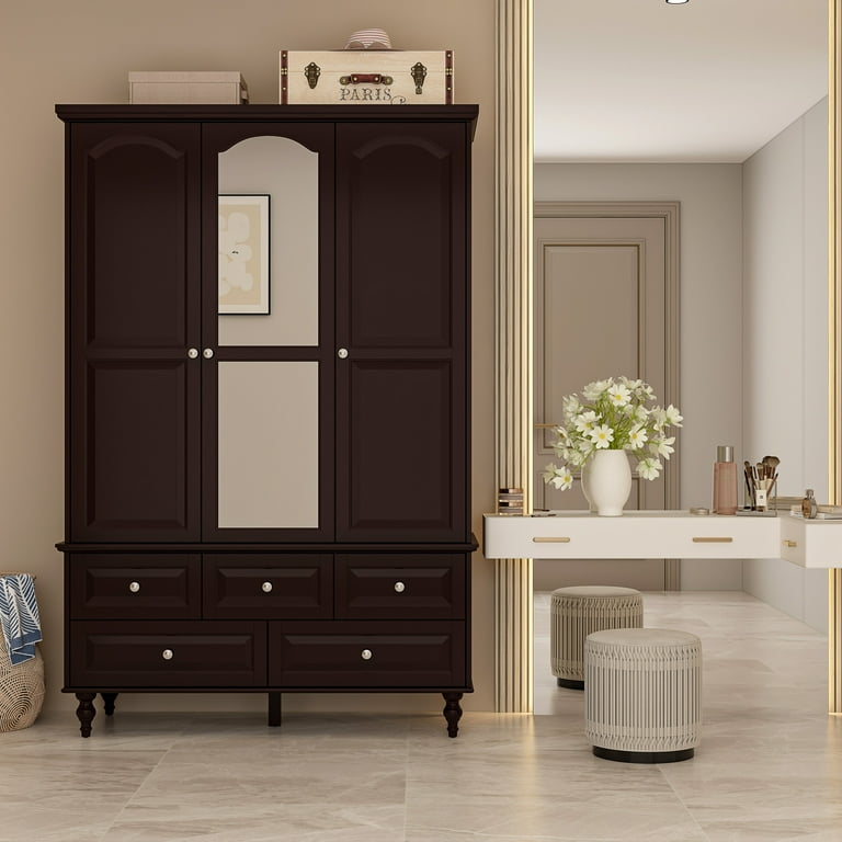 WIAWG 3 Door Wardrobe Armoire Closet with 5 Drawers and Hanging Rod plus Mirror Brown