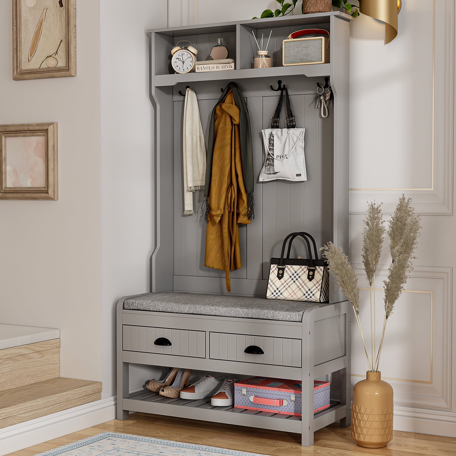WIAWG Hall Tree with Storage Bench, Coat Rack with 4 Hooks and Drawers ...
