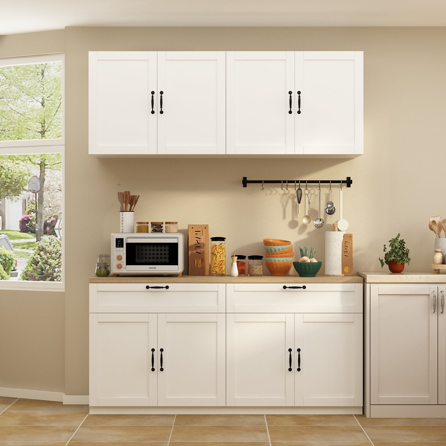 WIAWG Kitchen Pantry Storage Cabinet with Wall Mounted Hutch, 63'' Wide ...