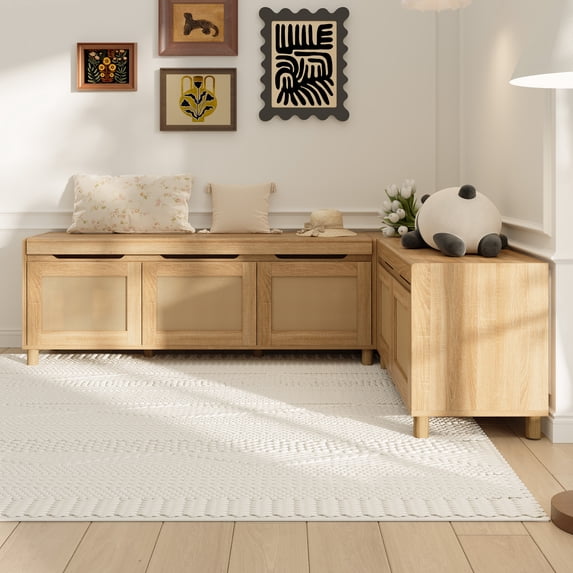 WIAWG L-Shape Storage Bench with Rattan Patterns & Solid Legs, Corner ...