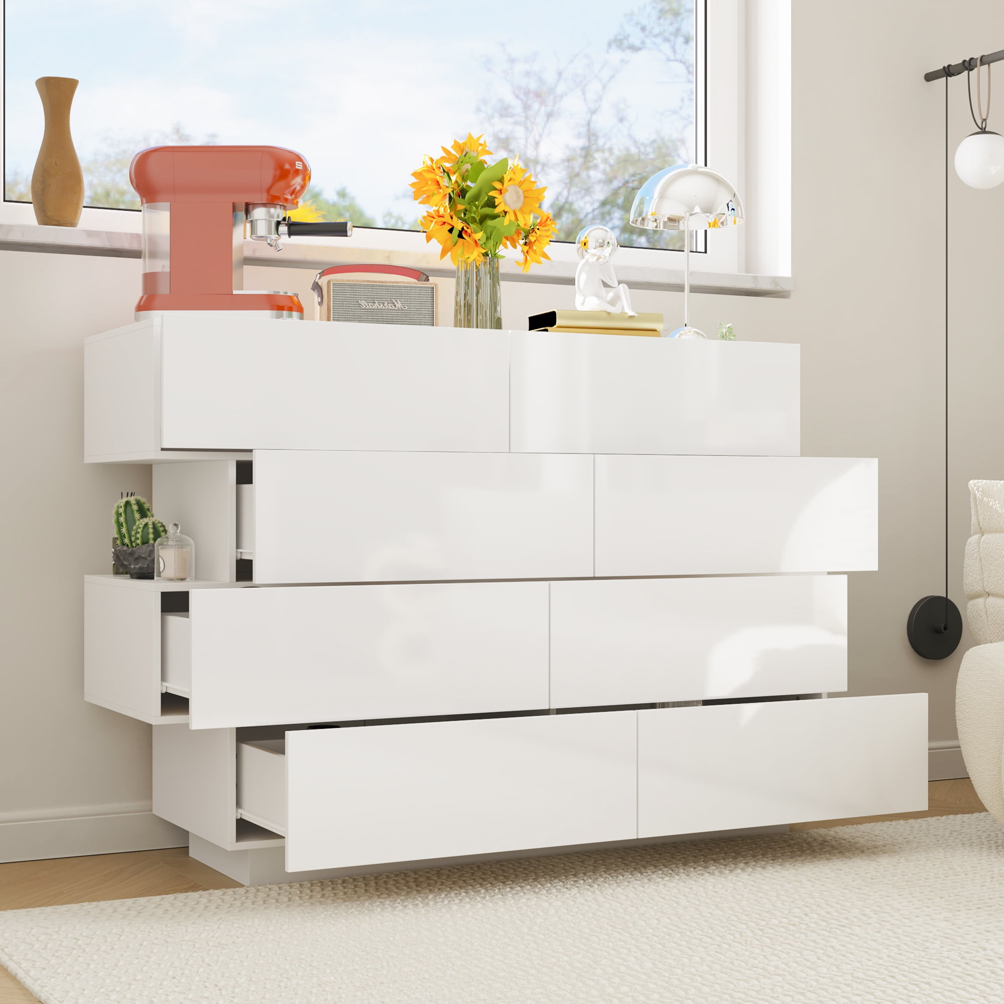 WIAWG Misaligned Design White 8-Drawer Dresser - Unique Bedroom Storage ...
