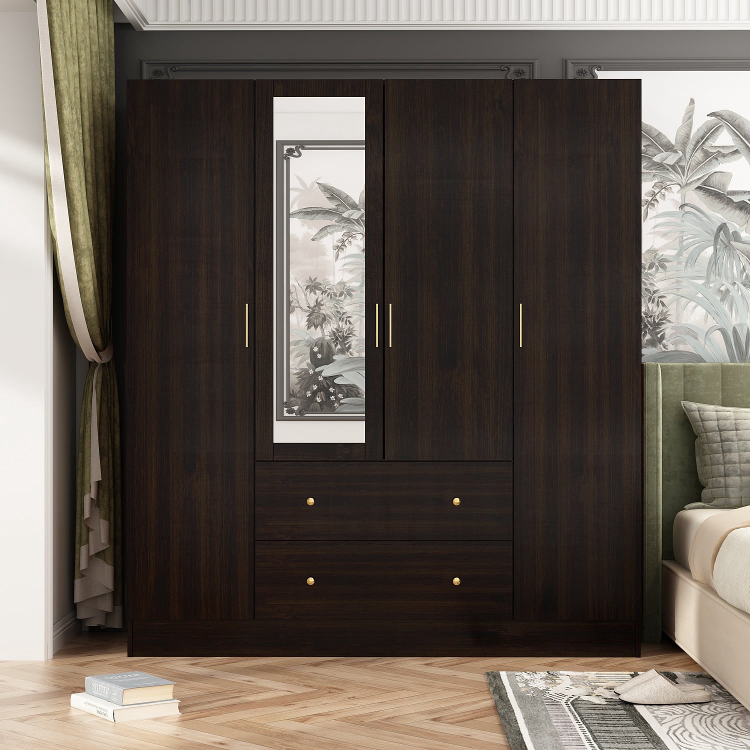 WIAWG Mirrored Armoire Closet, 70.9"H x 63"W, 4-Door Wardrobe - Walmart.com