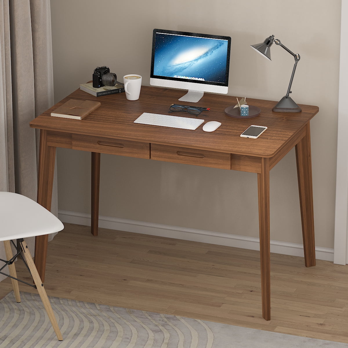 WIAWG Office Writing Computer Laptop Desk with 2 Drawers Wood Brown 39. ...
