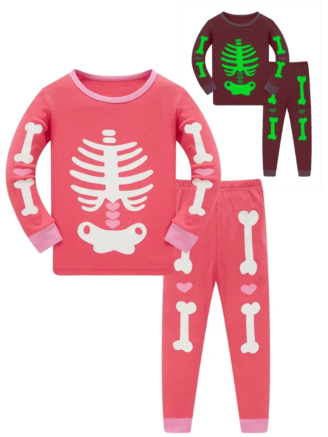 WIBACKER 1-10T Kids Girls Skeleton Pajamas Glow in the Dark 100% Cotton ...