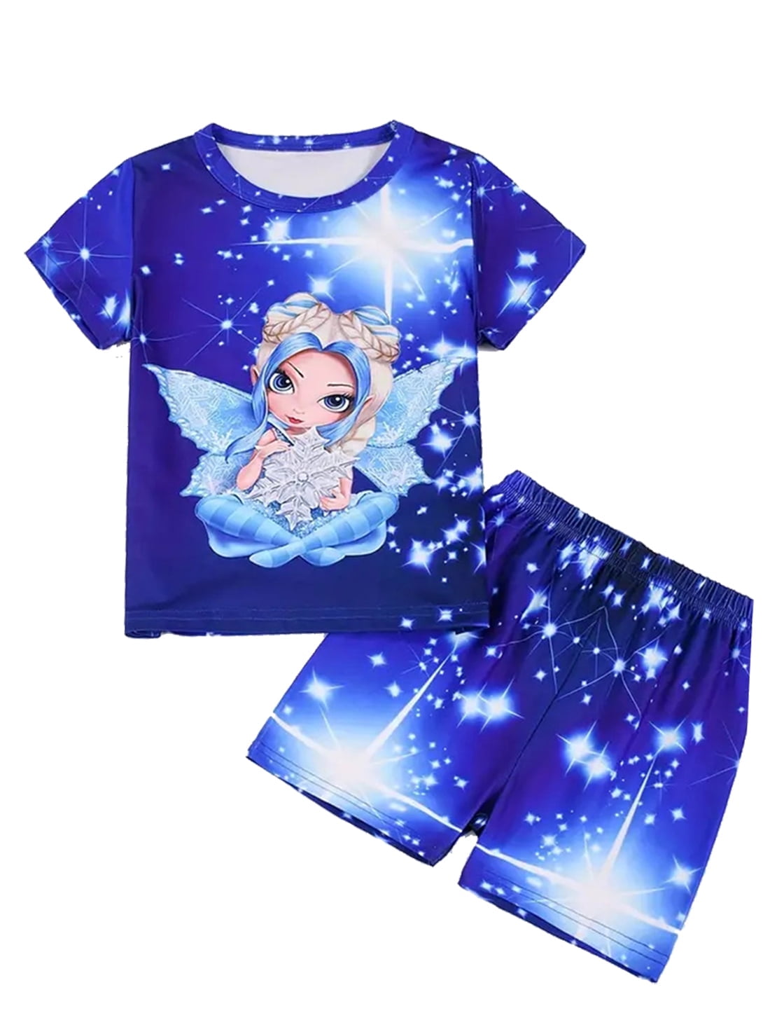 WIBACKER 3-12Y Girls 2-Piece Pajamas 3D Ice Princess Short Sleeve Cool ...