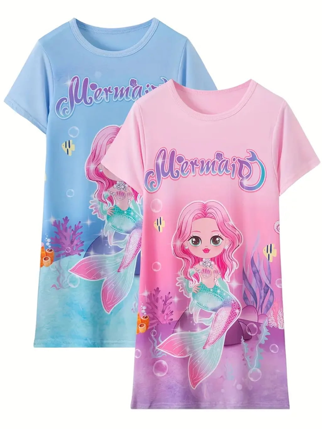 WIBACKER 3-14Y 2-Pack Girls Nightgowns Short Sleeve Nightdress Kids ...