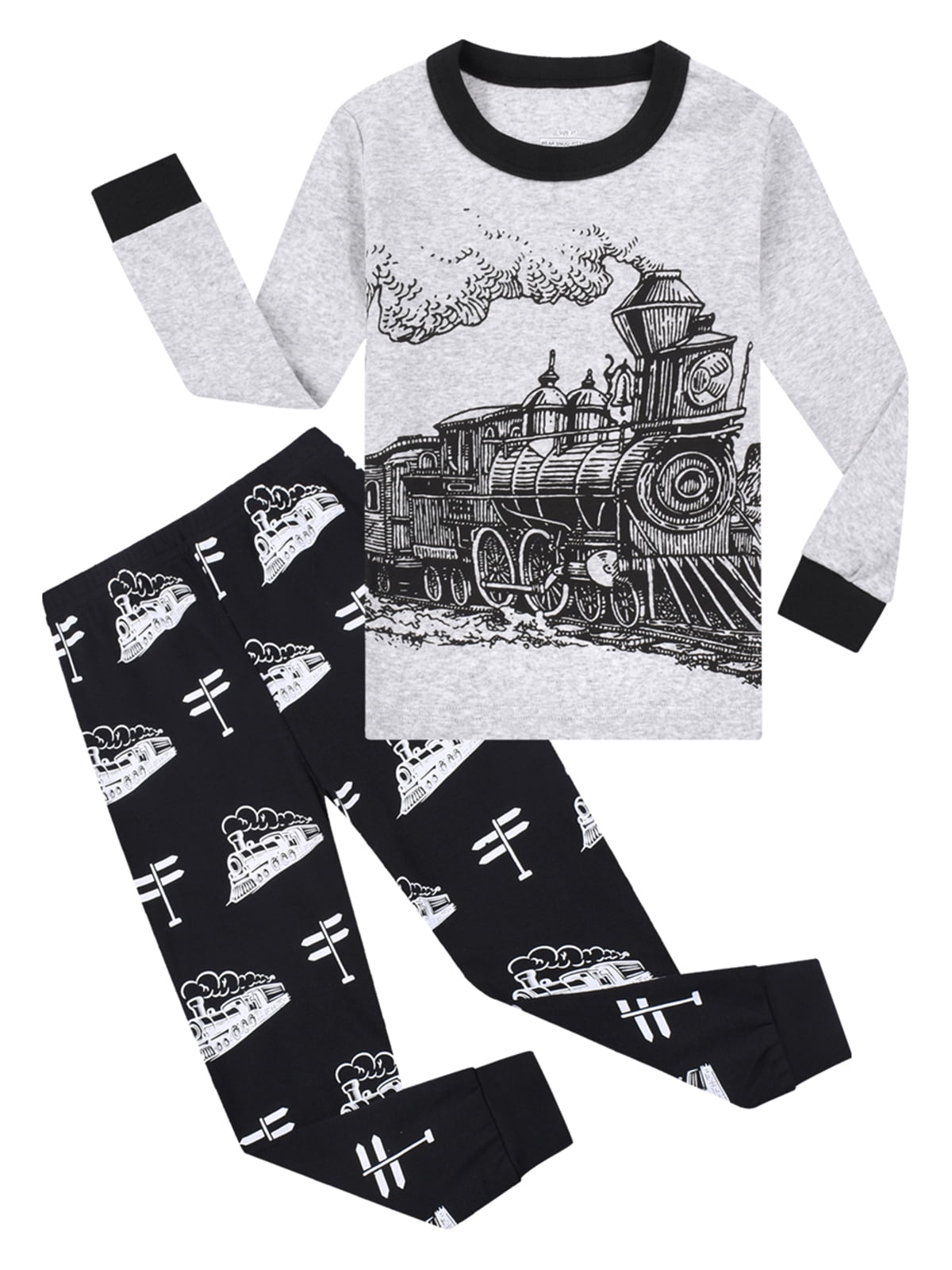 WIBACKER Baby Boys' Pajamas Tee and Pant 2-Piece Pj Set 100% Cotton Long Sleeve Sleepwear, Train ...