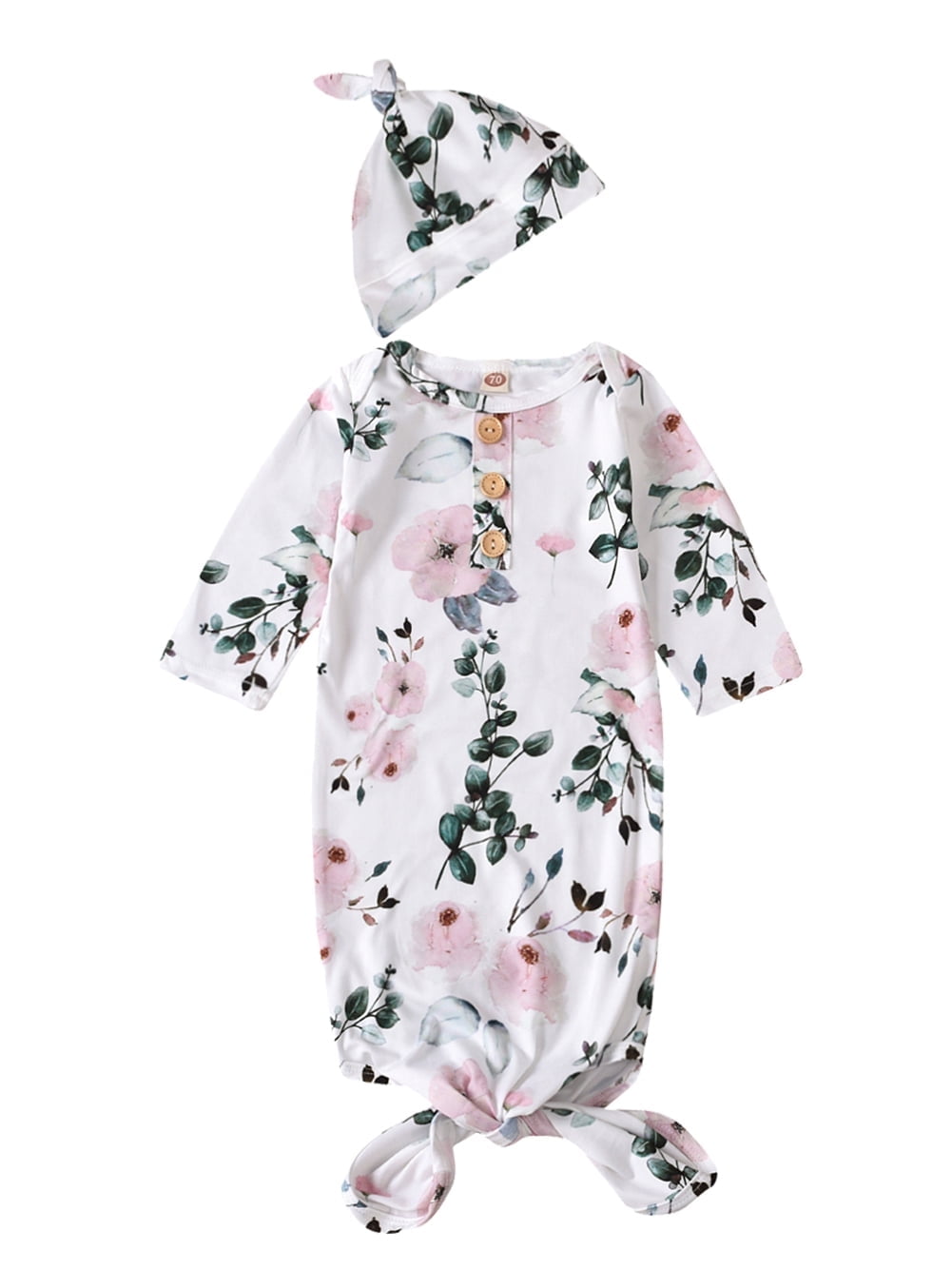 WIBACKER Baby Girls Long Sleeve Floral Knotted Gown Sleepwear Set ...