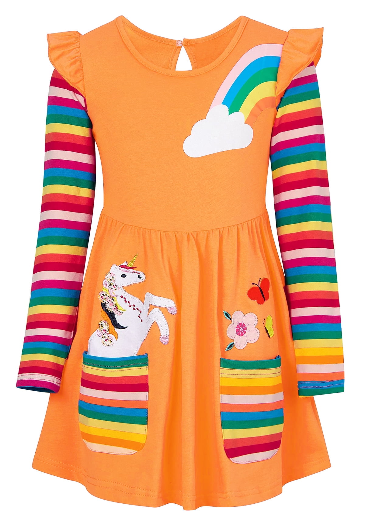 WIBACKER Girls Long Sleeve Stretchy Dress Kids A line Twirly Skater ...