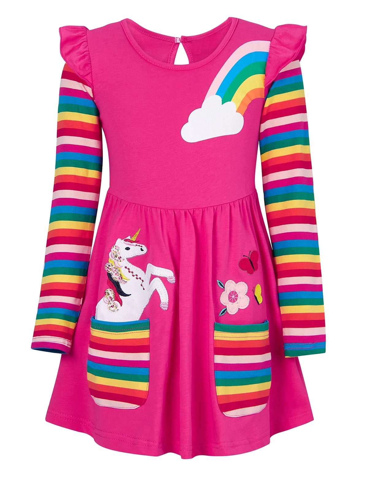WIBACKER Girls Long Sleeve Stretchy Dress Kids A line Twirly Skater ...
