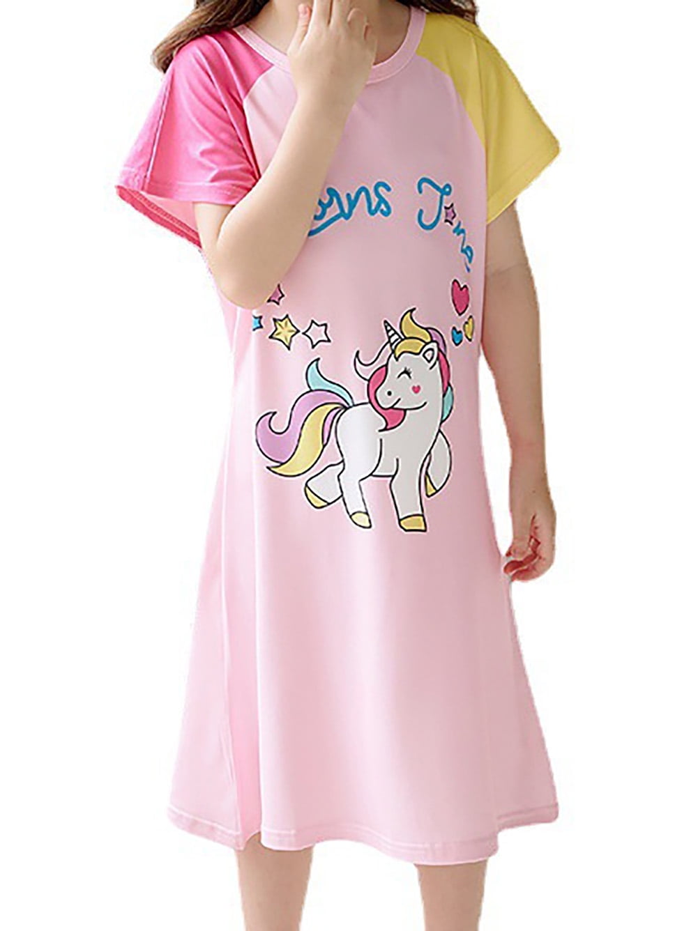 WIBACKER Girls Nightgowns 3-12 Years Milk Silk Short Sleeves Nightdress ...