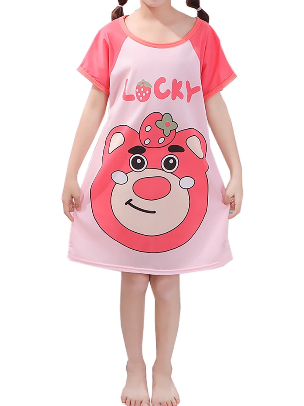WIBACKER Girls Nightgowns 3-12 Years Milk Silk Short Sleeves Nightdress ...