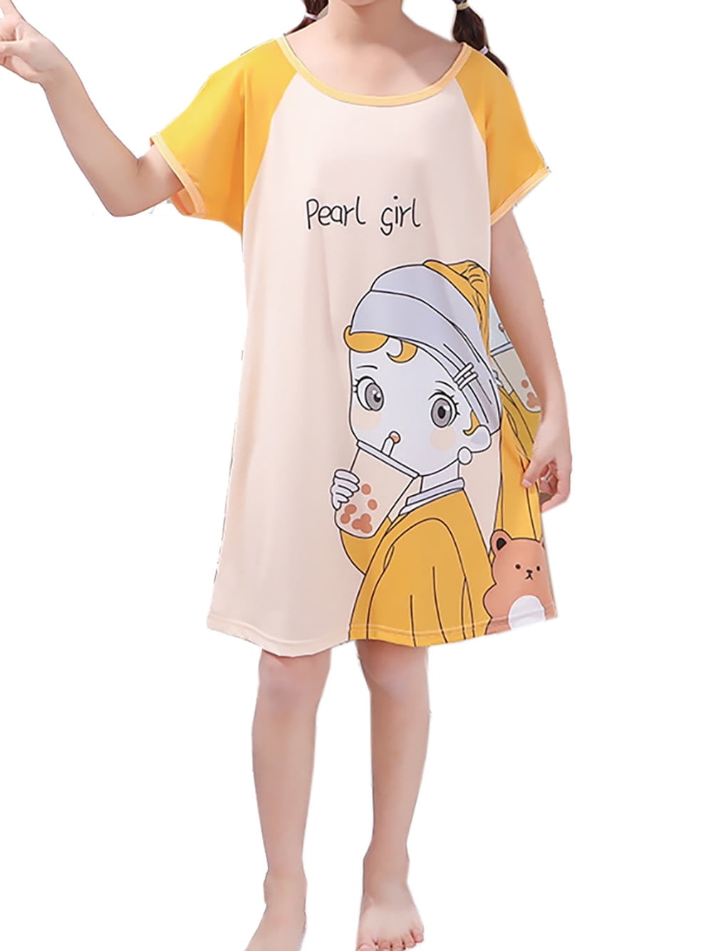 WIBACKER Girls Nightgowns 3-12 Years Milk Silk Short Sleeves Nightdress ...