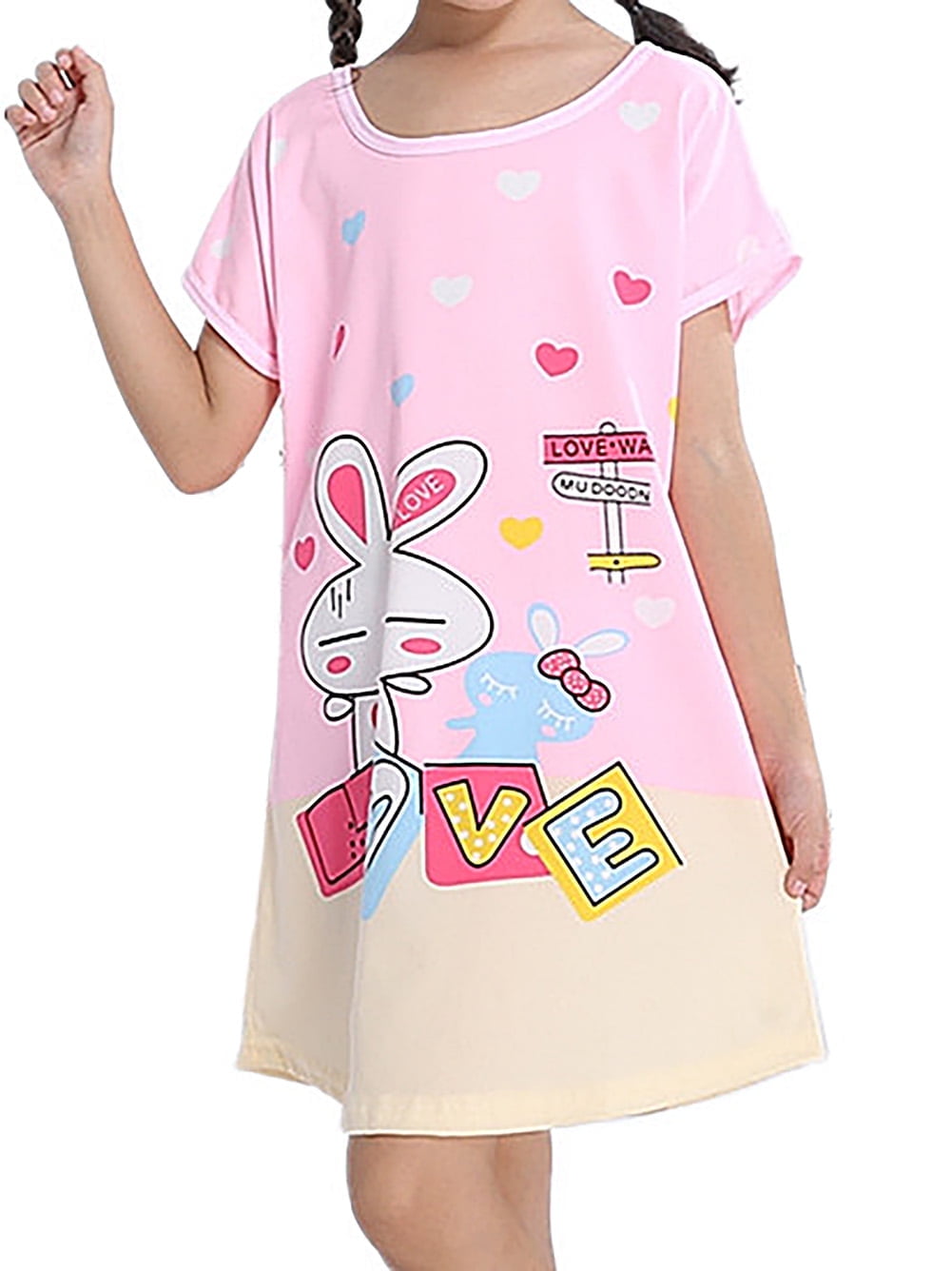 WIBACKER Girls Nightgowns 3-12 Years Milk Silk Short Sleeves Nightdress ...